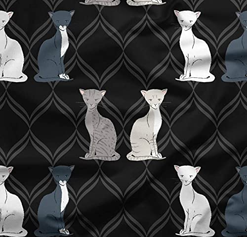 Soimoi Black Cotton Canvas Fabric Quatrefoil Cat Animal Printed Craft Fabric by The Yard 44 Inch Wide