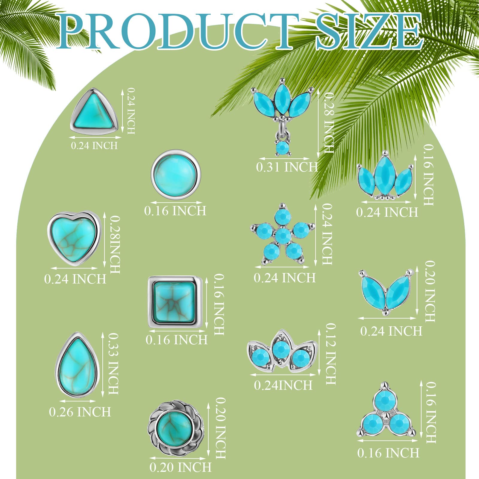 12 Pairs Turquoise Stud Earrings Boho Various Dainty Small Gemstone Studs Earring Set Simple Trendy Silver Gold Round Square Drop Triangle Flower Shaped Dot Earrings for Women