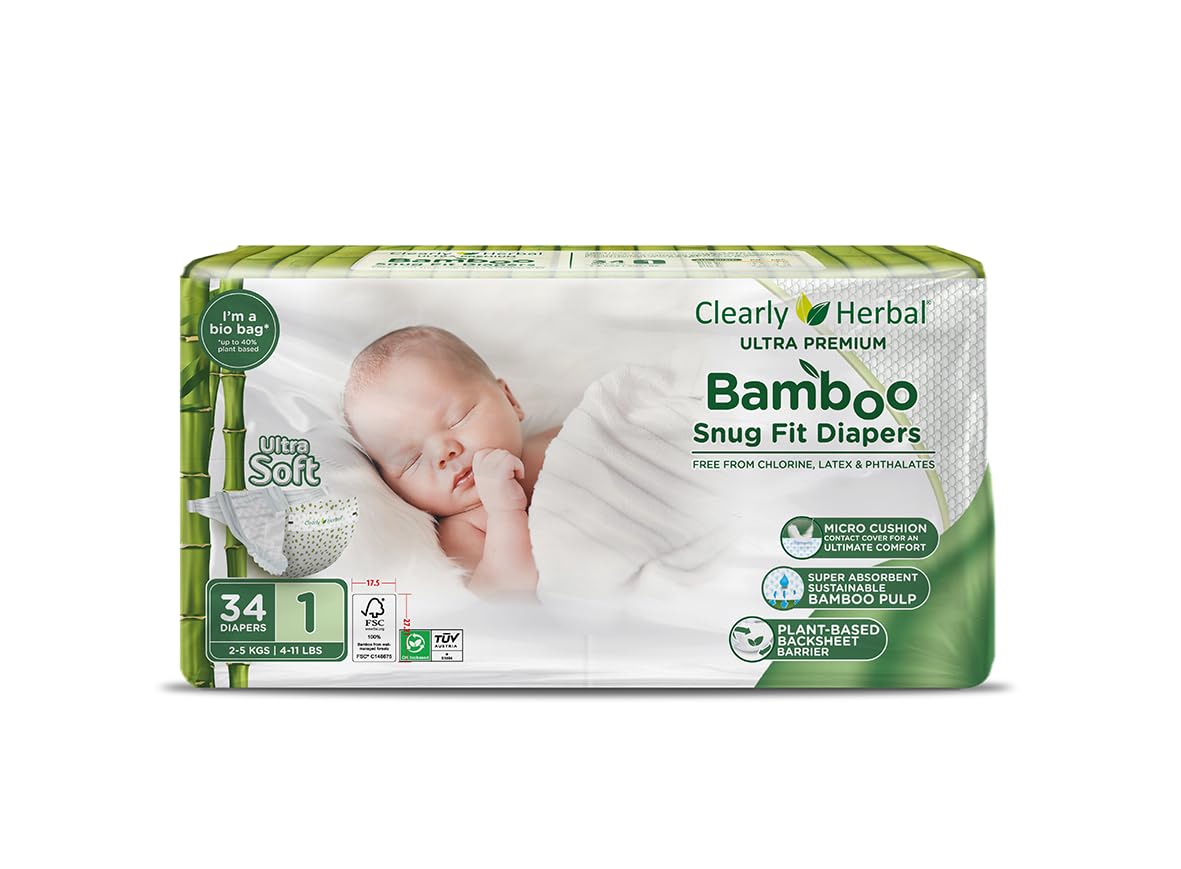 Clearly Herbal Bamboo Diapers, Micro Cushion Comfort & Other Plant-Based Materials, Size 1 34ct Case (4 Inner Bags)