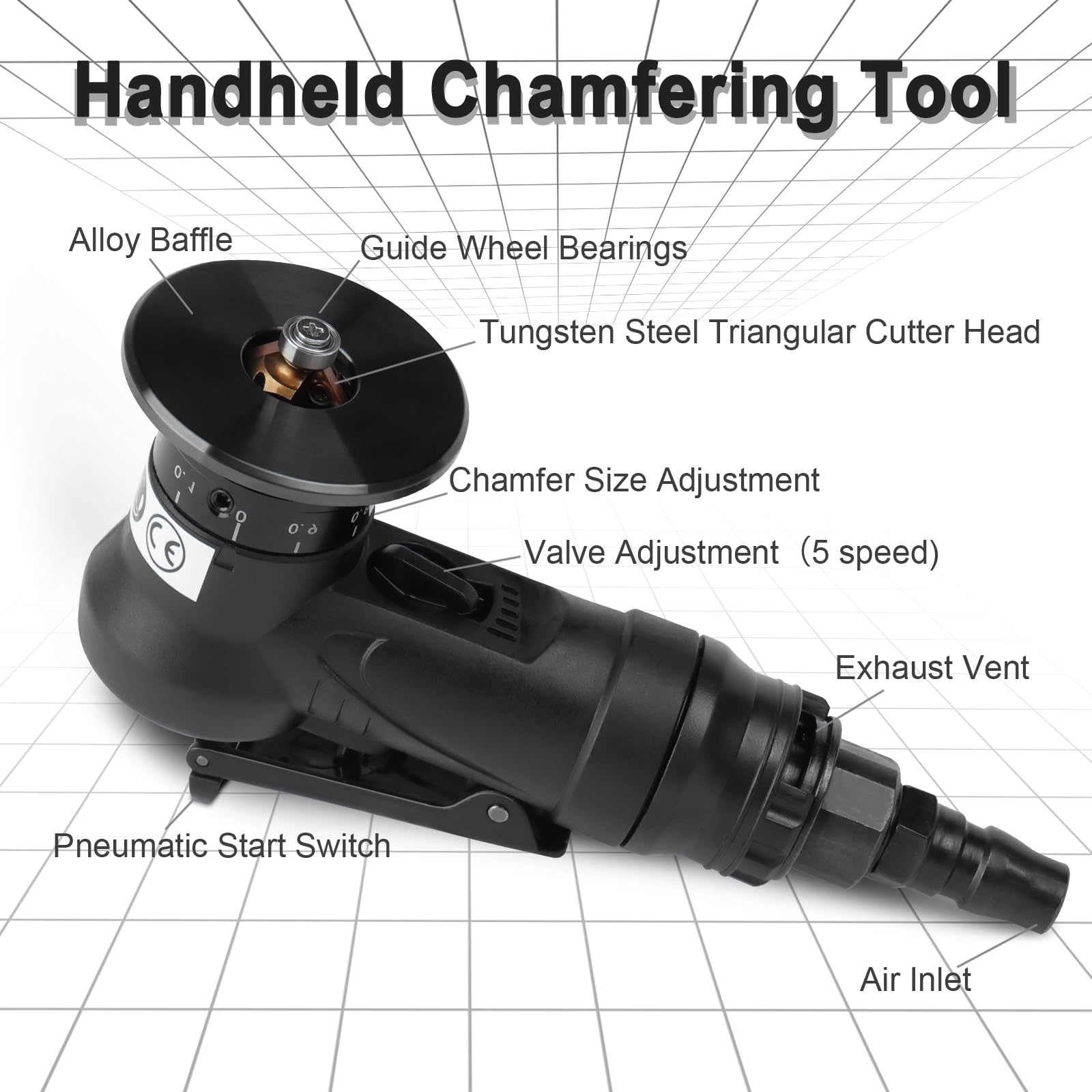 2 in 1 Pneumatic Chamfering Tool,Mini Handheld Air Chamfering Machine for Metal Wood Round Corner,45° Arc Corner Beveling Trimming (Black)