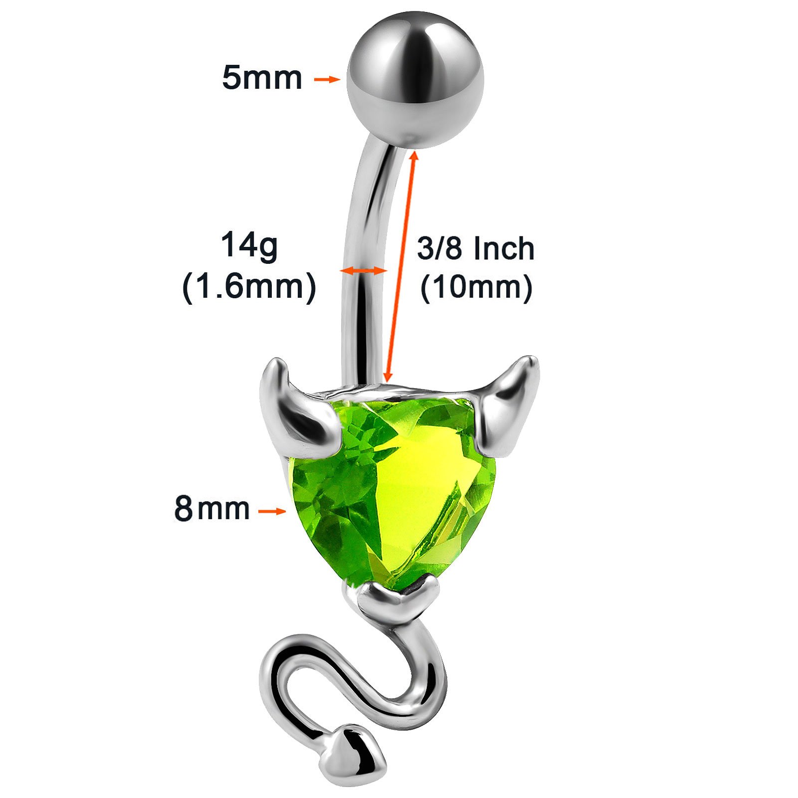 14g 3/8 Belly Button Navel Ring 316L Surgical Steel Bar Red Indian Heart Devil Cubic Zirconia CZ Crystal Piercing Jewelry