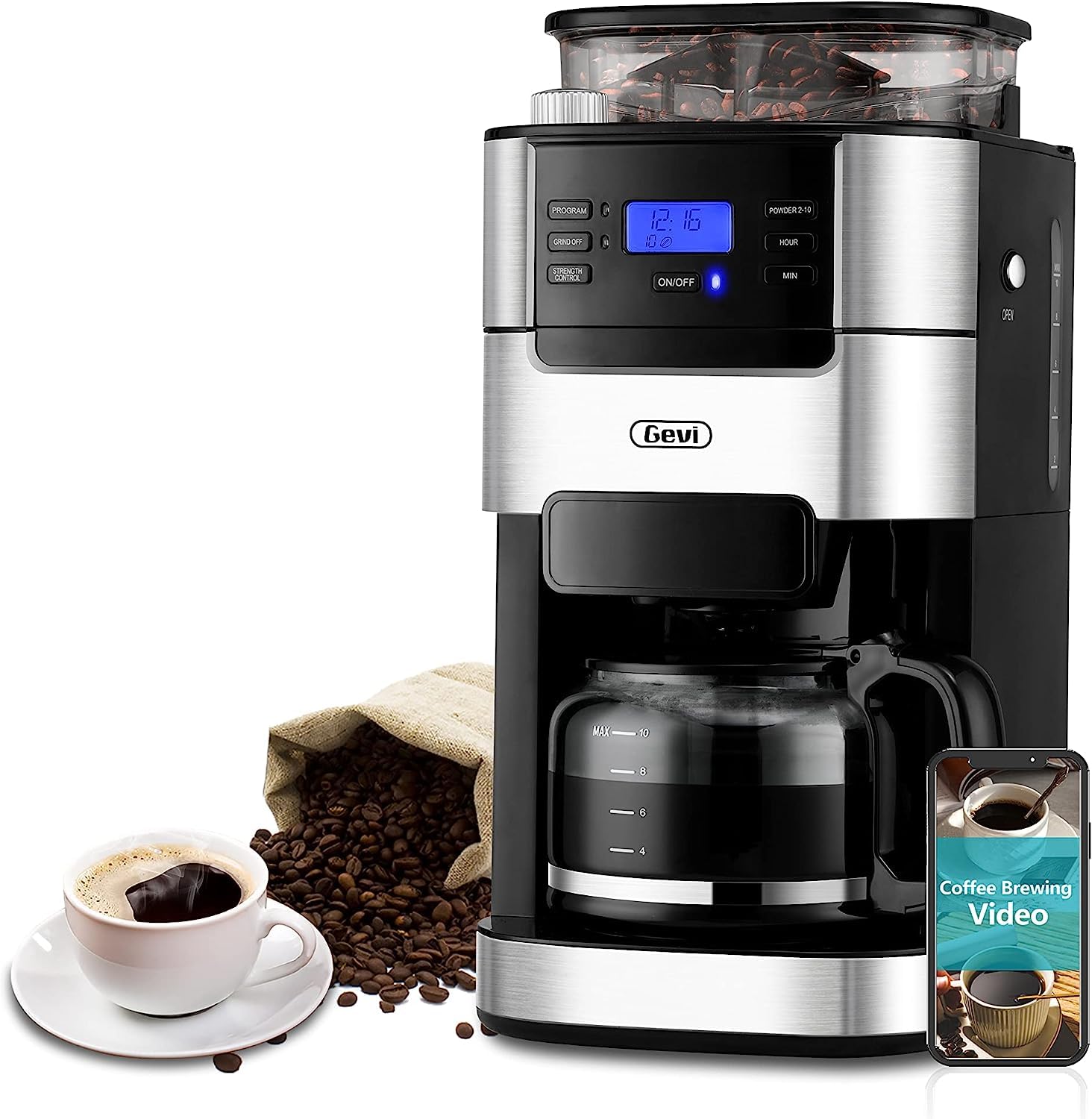 10-Cup Drip Coffee Maker, Brew Automatic Coffee Machine with Built-In Burr Coffee Grinder, Programmable Timer Mode and Keep Warm Plate, 1.5L Large Capacity Water Tank, Removable Filter Basket, 900W
