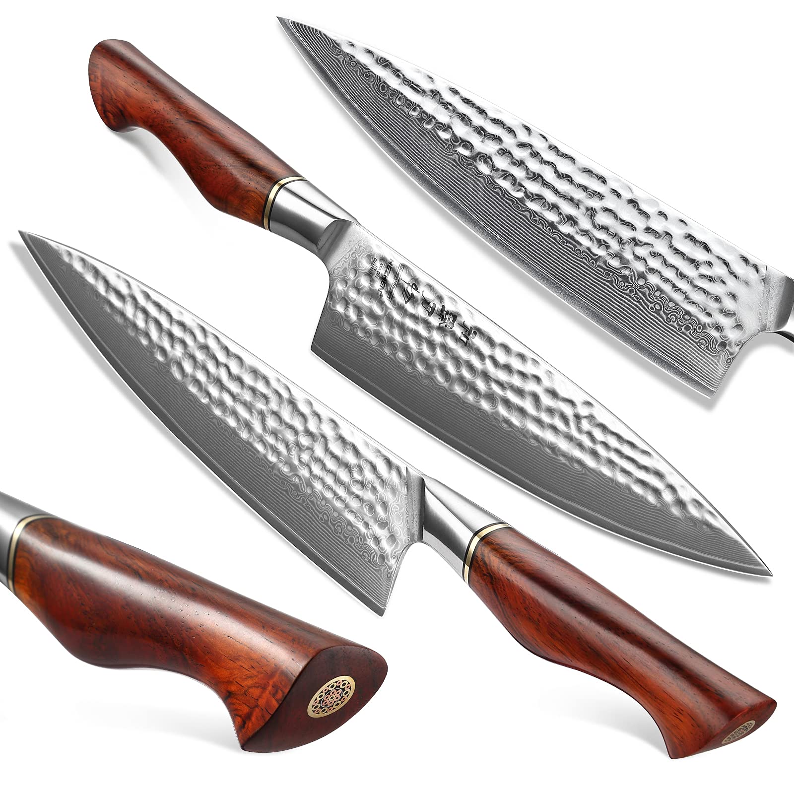 HEZHEN 8.3 Inches Damascus Chef Knife, Damascus Steel Powder Steel Kitchen KnifeHammered Pattern,Natural Rosewood Handle