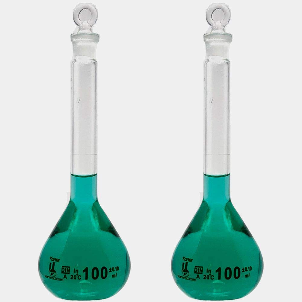 100ml Volumetric Flask, 3.3 Boro Glass, Class A, Ground Stopper, Karter Scientific 213W5 (Pack of 2)