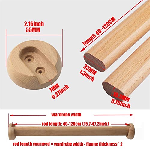 1pcs Wooden Oval Wardrobe Closet Rod for Hanging Clothes Premium Closet Pole Wardrobe Cross- bar Clothes Hanging Rods Polished Natural Beech Wardrobe Closet Rod with End Supports for Closet Storage