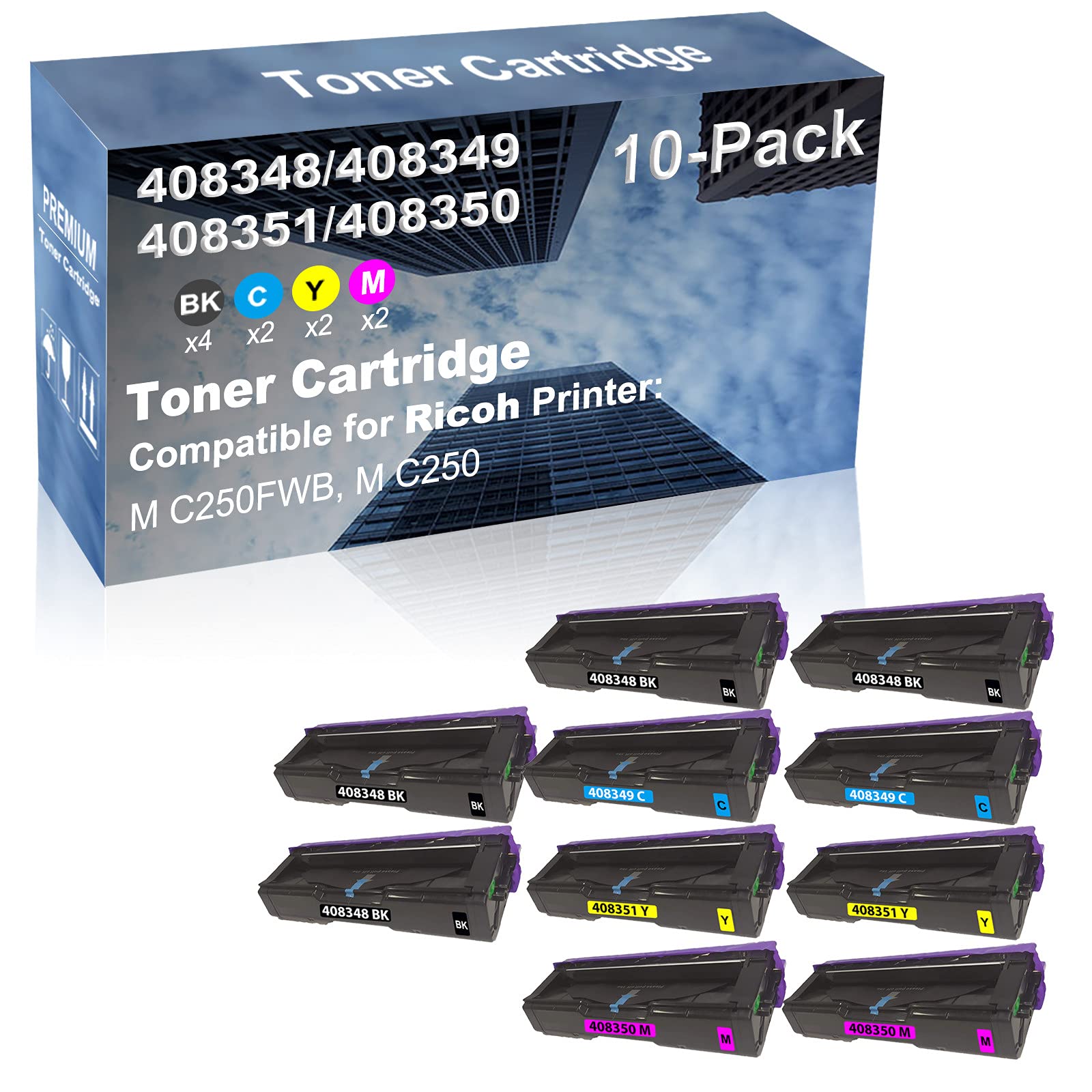10-Pack (4BK+2C+2Y+2M) Compatible High Capacity 408348+ 408349+ 408351+ 408350 Toner Cartridge Used for Ricoh M C250FWB, M C250 Printer