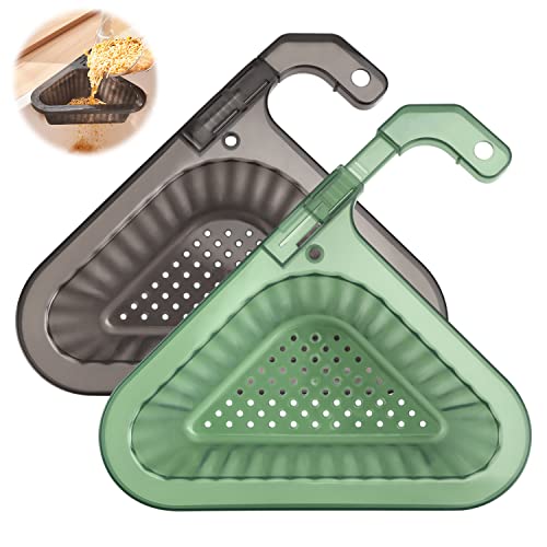 2 Pack Upgraded Swan Drain Strainer Basket, Kitchen Plastic Sink Drain Baskets, Triangular Transparent Sink Filters Shelf for Kicthen Sink, Multifunctional Corner Hanging Sink Strainer, Black & Green