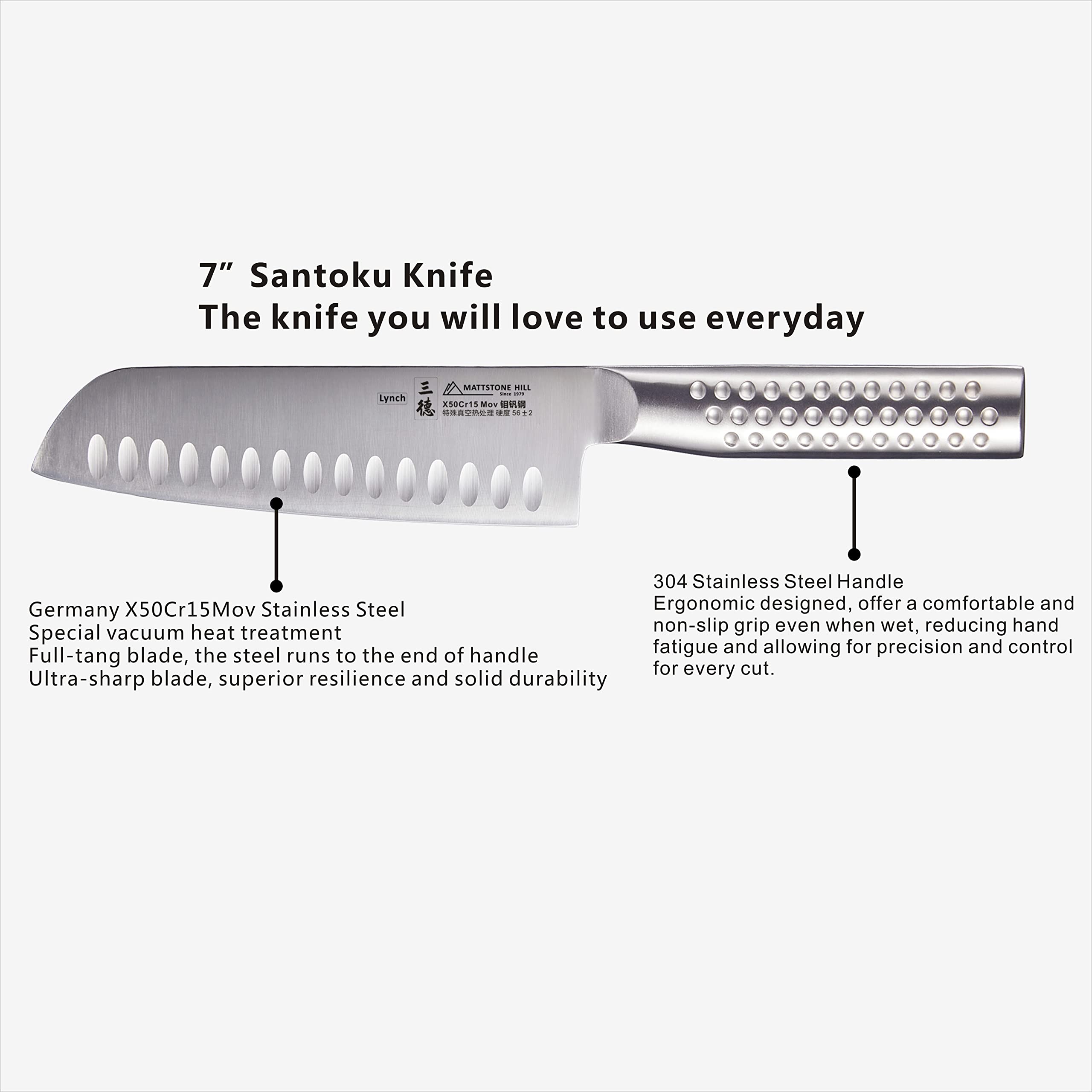Santoku Knife - MATTSTONE HILL 7" Hollow Edge Asian Knife, Chef Knife, Kitchen Knife, Vegetable Knife, German Steel, 304 Stainless Steel Handle