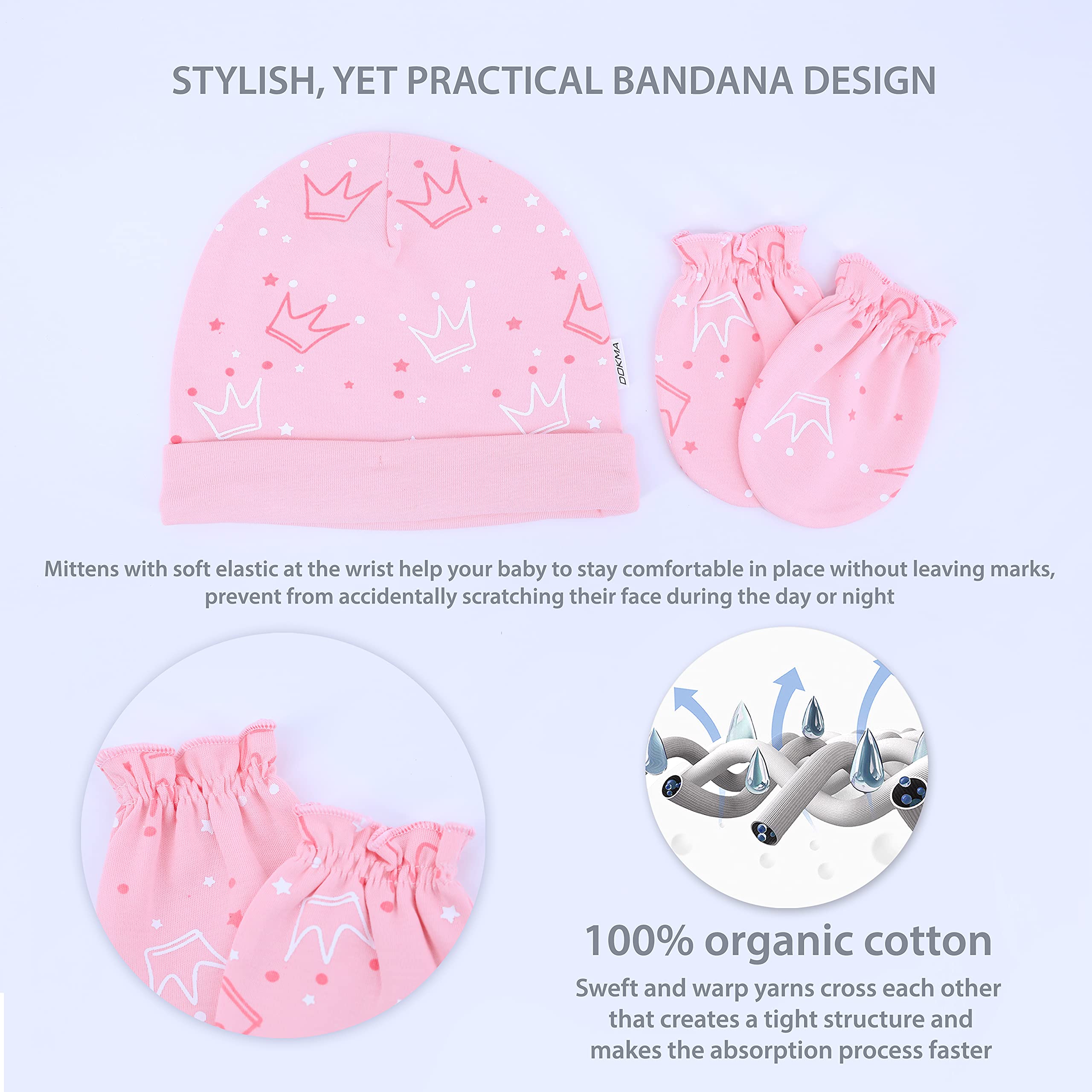 DOKMA Organic Cotton Baby Mittens and Caps Set - Mittens for Newborn 0-6 Months - Ultra Soft, No Scratch - 5 Caps x 3 Mittens