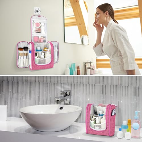 BALEINE Toiletry Bag for Women and Men, Water-Resistance Cosmetic Bags Makeup Organizer for Toiletries with Hanging Hook (Large, Pink)