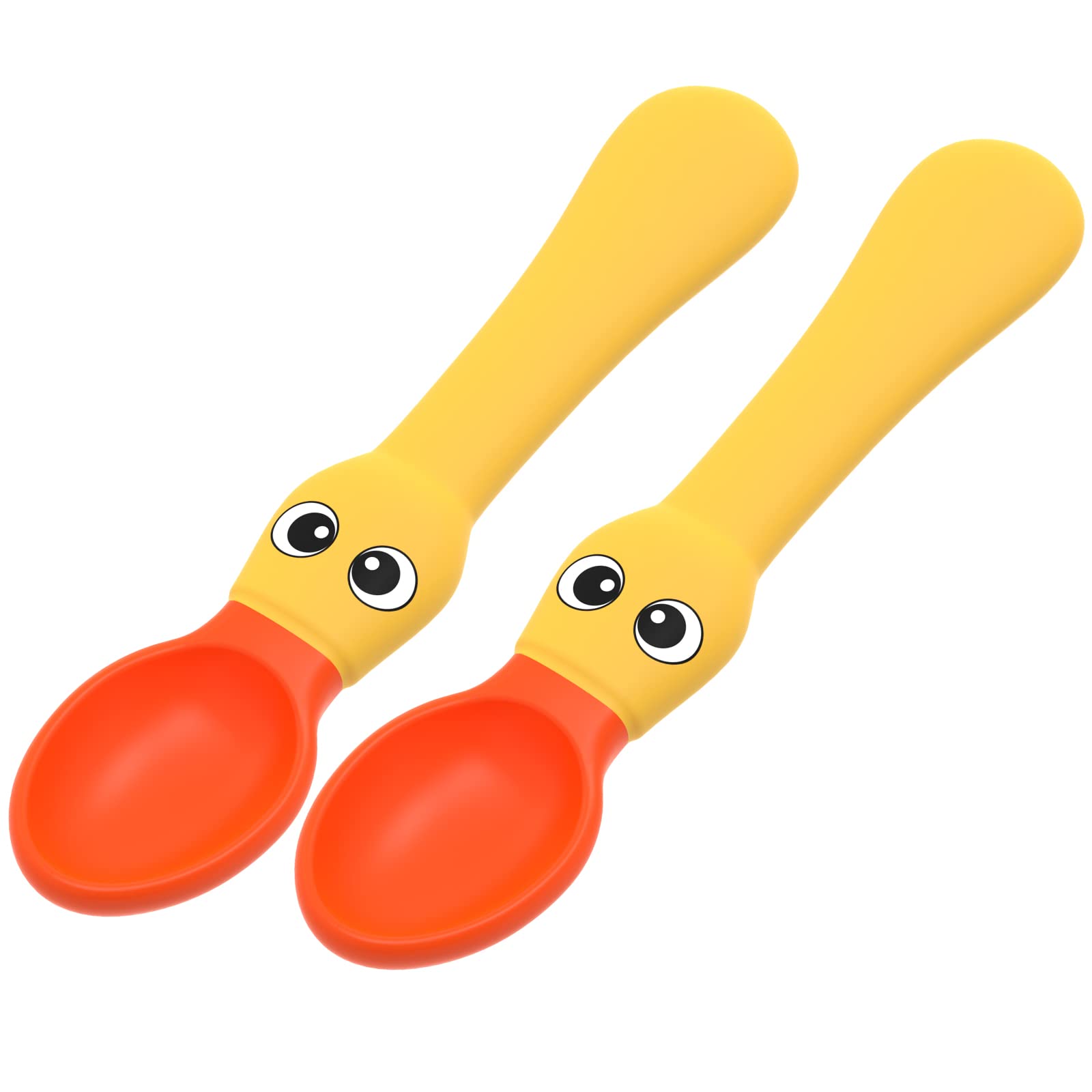 2 Pack 100% Silicone Toddler Spoon Soft and Bendable | BPA Free | Easy Grip Baby Utensils for Self-feeding Training, Cute Bright Adorable Ducks, (Set of 2, Orange and Yellow) MOE DUCK
