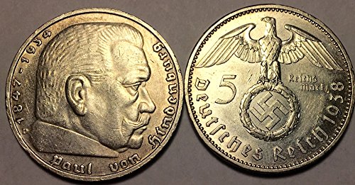 1936 DE - 1939 Nazi German Five Reichsmark WWII $5 Reichsmark Choice Very Fine Details