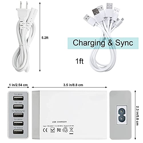 Bamboo Cell Phone Charging Station, Charger Organizer for Multiple Devices Compatible with Cell Phones, Watch, Tablet (with Watch Stand, 5 Port USB Charger, 6 Charger Cables) -BambuMate