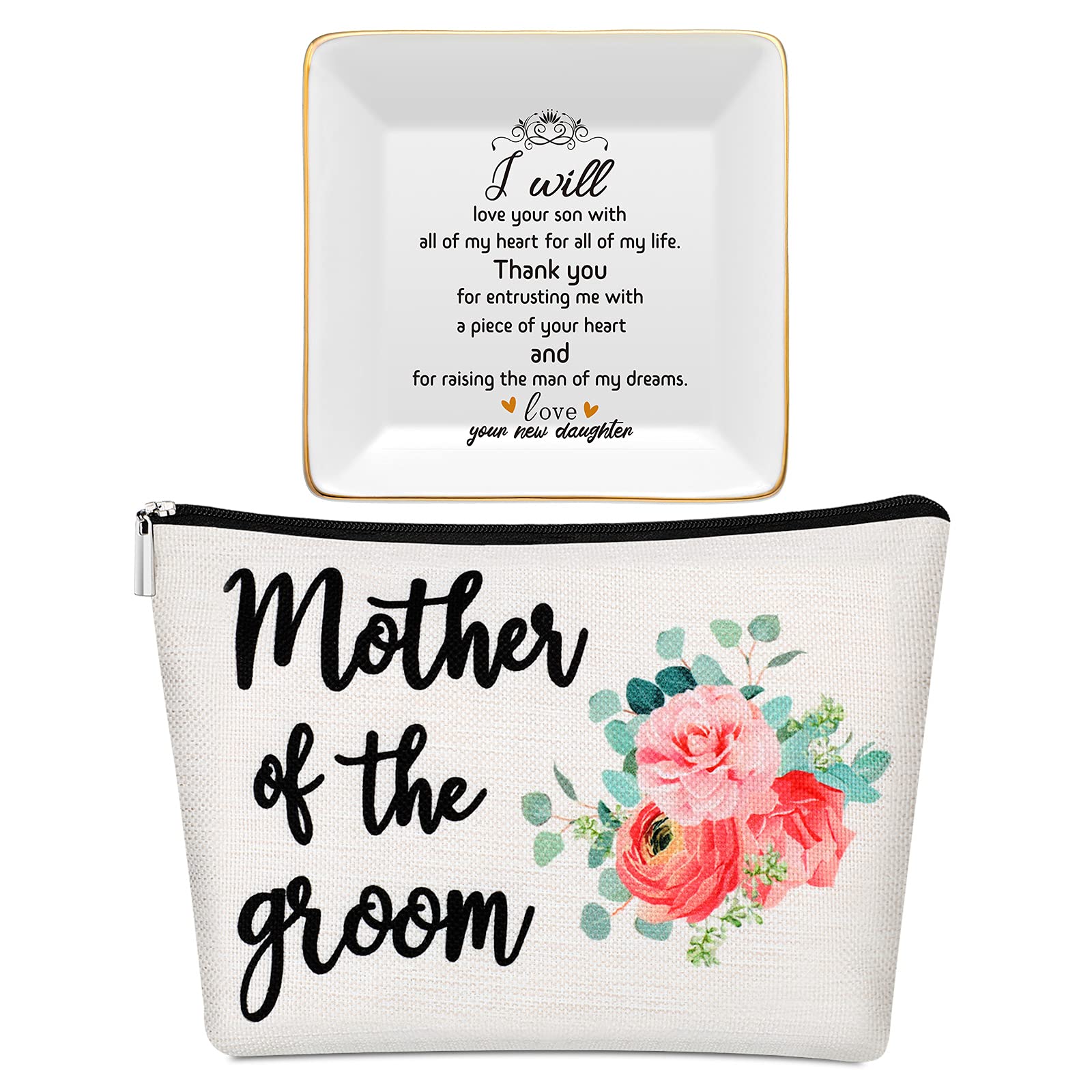 Frienda 2 Pack Mother Of The Bride Groom gifts Mother Of The Bride Groom Makeup Bags and Jewelry Dish Tray Bride Mother Gift Canvas Cosmetic Bag for Mom Wedding Gift(Mother of the Groom A)