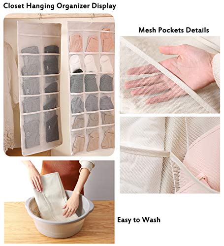 Home Closet Hanging Organizer Mesh Pockets Dual Sided Wall Shelf Wardrobe Storage Bags for Bra Underwear Socks Jewelry Gadget Included 2 Hooks 2 Clothes Hanger Connector Hooks (Beige, 30 Pocktes)