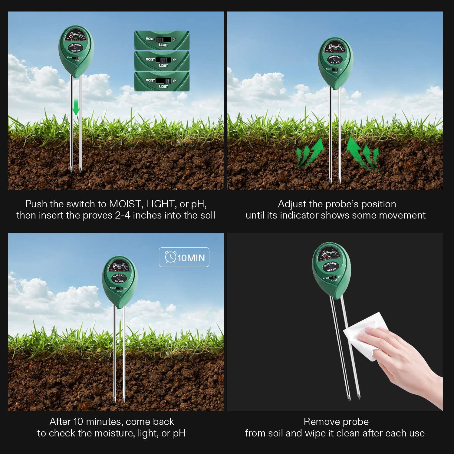 VIVOSUN 3-in-1 Digital pH Meter with ATC, Soil Tester for Moisture, pH and Light-Indoor and Outdoor Use