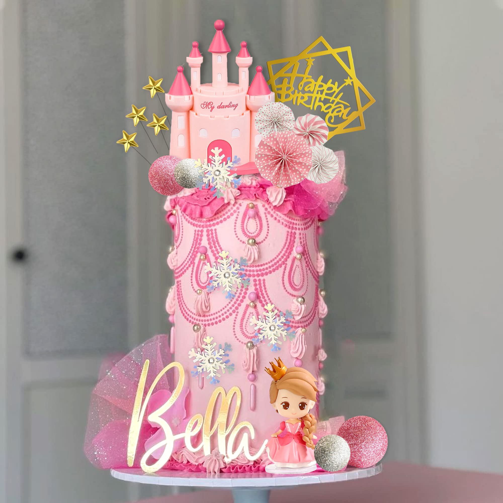 19PCS Princess Cake Topper Castle Cake Decoration for Girl with Snowflake and Stars for Girl Kid Happy Birthday Party Decorations Princess Baby Shower Supplies (Pink)