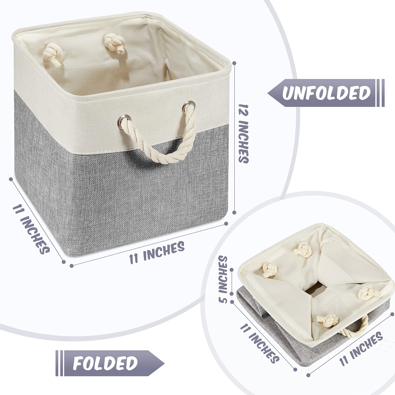 12 Pieces Cube Storage Bins Small Foldable Storage Cube Baskets with Sturdy Carry Handles Multipurpose Storage Cube Baskets Organizer Bin for Home, Office, Nursery (Gray and White,11 x 11 Inch)