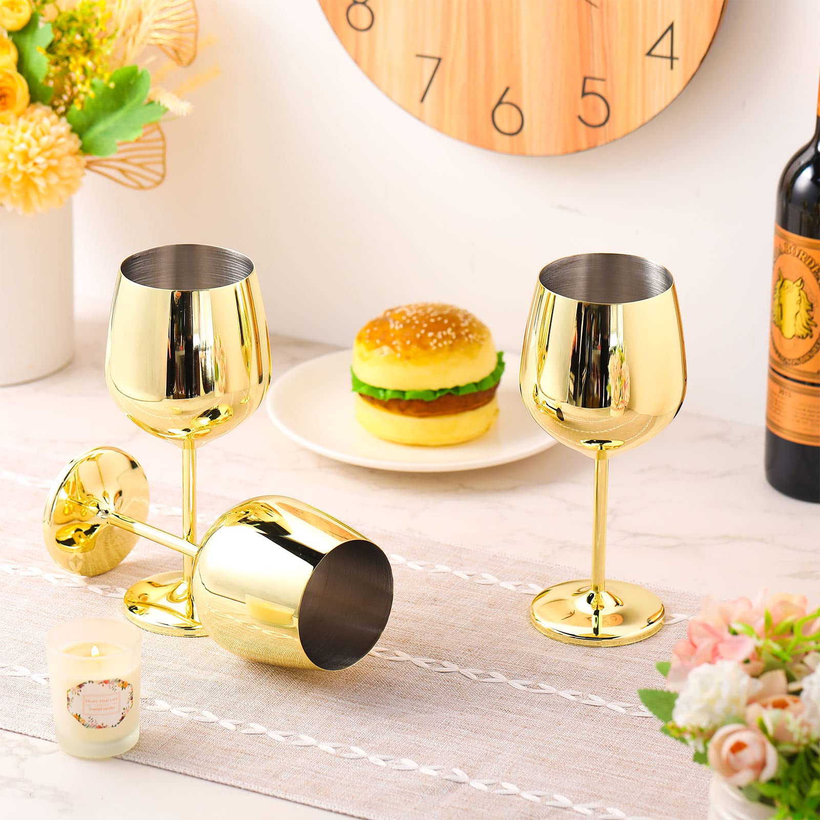 12 Pack Stem Stainless Steel Wine Glasses Gold 18 oz Unbreakable Stemware Portable Shatterproof Metal Goblet Glasses Wine Drinkware for Wedding Camping Champagne Cocktails Banquet Party