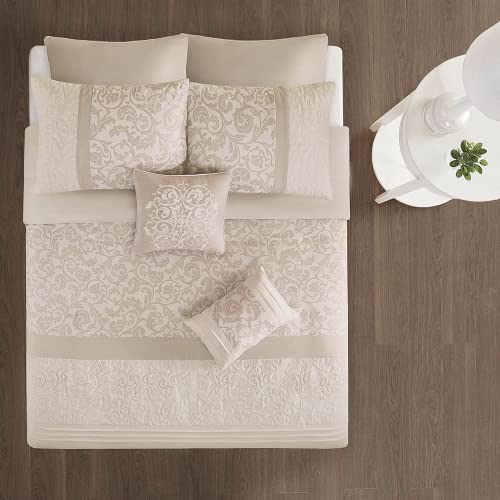 510 DESIGN Luxe Quilted Comforter Set Modern Transitional Design, All Season Down Alternative Warm Bedding Matching Shams, Bedskirt, Decorative Pillow, Queen, Ramsey Damask Neutral