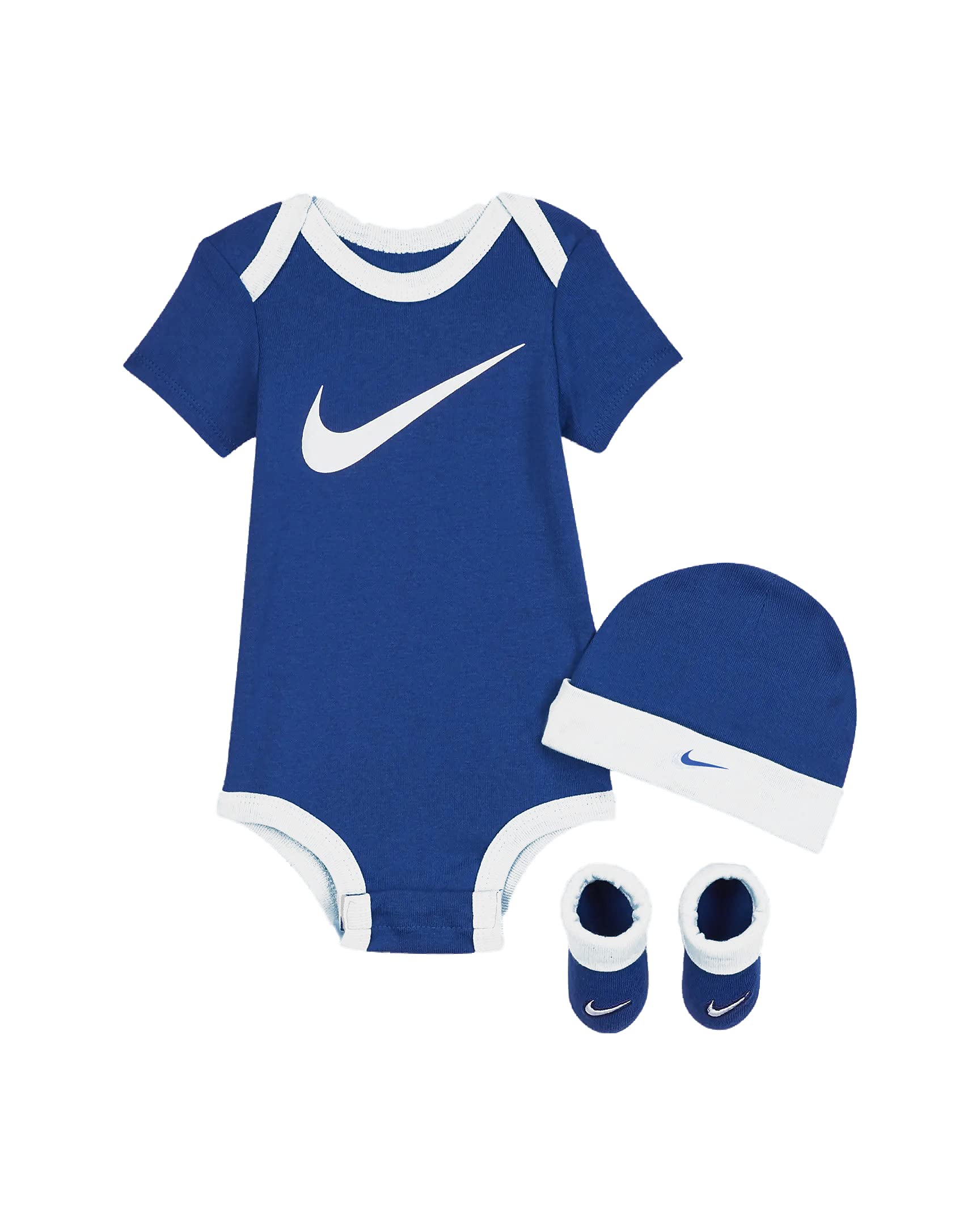 Nike Baby Boys Bodysuit, Hat and Booties 3 Piece Set (Blue Gaze(LN0072-U89)/White, 0-6 Months)