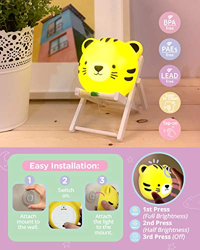 SomeShine Kids Night Light - Detachable Tiger Wall and Desk Kawaii Lamp with Mount, Touch Operation, 1 Hour Auto-Off Timer, and Adjustable Brightness, Safe and Durable Nursery Night Light for Kids