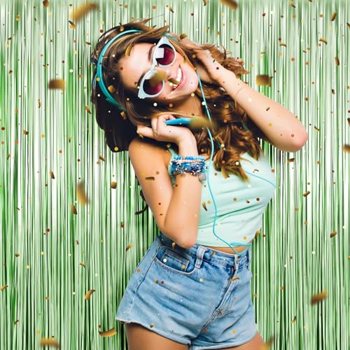 3 Pack Foil Curtains Metallic Foil Fringe Curtain-JVIGUE,Birthday Party Photo Backdrop Wedding Event Decor (Pale Green Decorative Streamers)