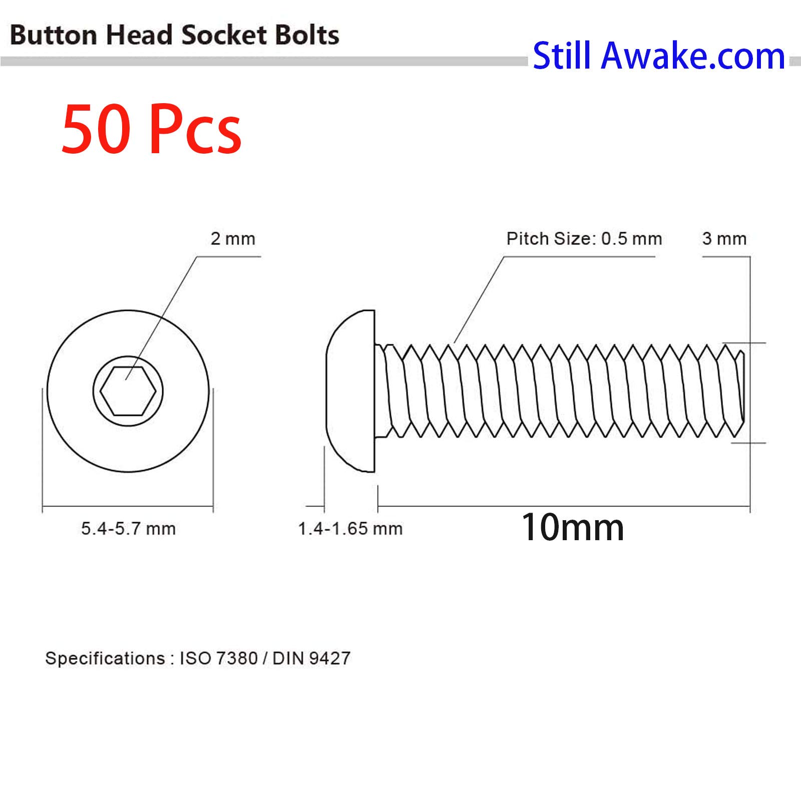 50 Pcs M3-0.5x10mm Button Head Socket Cap Screws, Stainless Steel 18-8 (304), Bright Finish, Fully Threaded, Allen Hex Button Head Screws (50 Pcs M3-0.5x10mm)