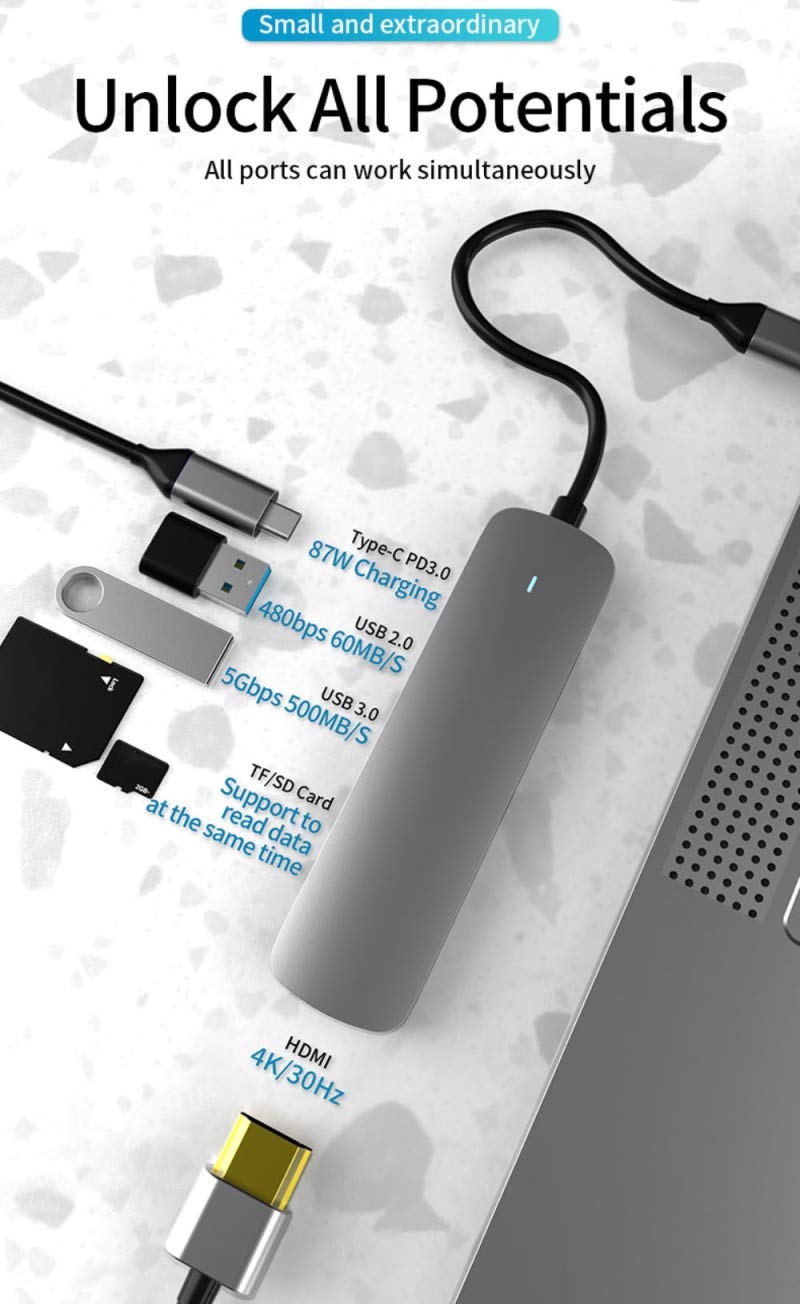 USB C hub,USB C Docking Station,6 in 1 USB C Docking Station Adapter,with 1 4K HDMI-Compatible,1 USB2.0,1 USB3.0,1 PD,SD TF Card Reader,Suitable for USB -C Type Equipment.