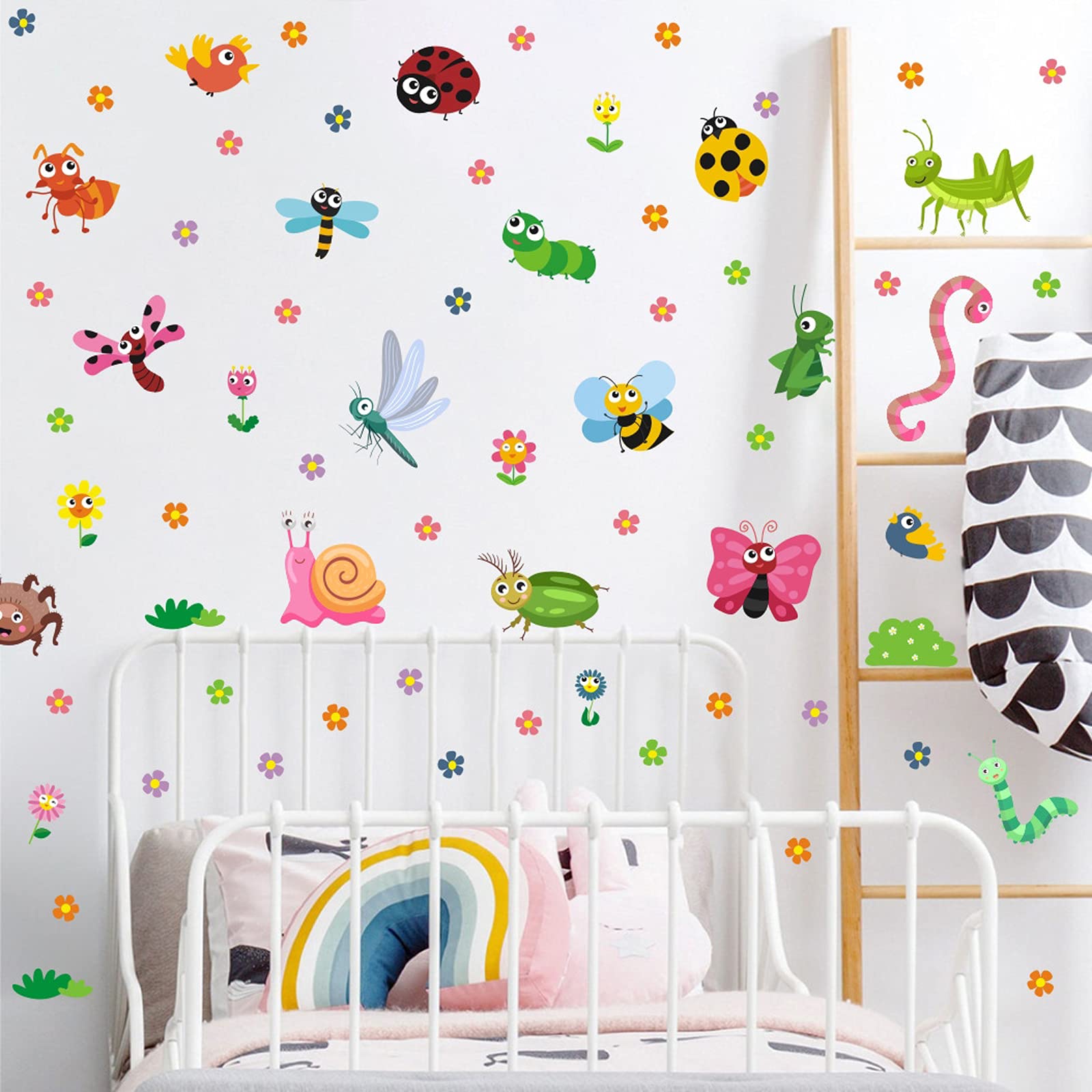 Maydahui Cartoon Insect Wall Decals Stickers (50 x 50 Inch) Butterfly Ant Flower Leaf Caterpillar Ladybug Dragonfly Mantis Snail Bird Little Bee Snake Cloud Butterfly DIY Removable Cute Animals Wall