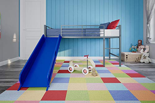DHP Junior Twin Metal Loft Bed with Slide, Multifunctional Design, Silver with Blue Slide & Fire Department Design Curtain Set for Junior Loft Bed, Kids Furniture, Blue