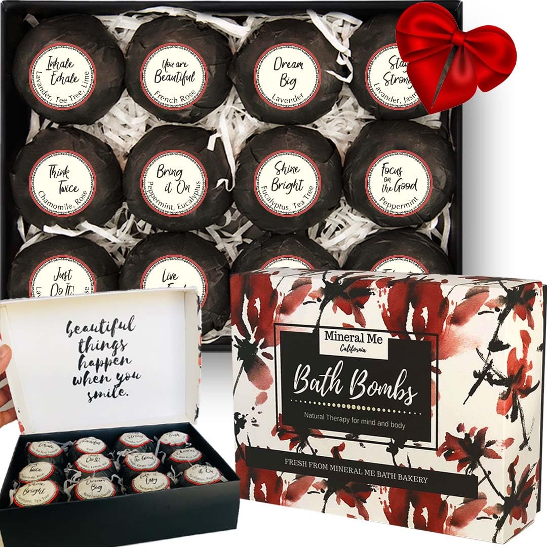 Valentines Bath Bombs for Women Relaxing with Inspirational Messages, 12 Natural and Organic Bath Bombs with Essential Oils & Skin Moisturizing Shea Butter. Gift for Her, Wife, Girlfriend.