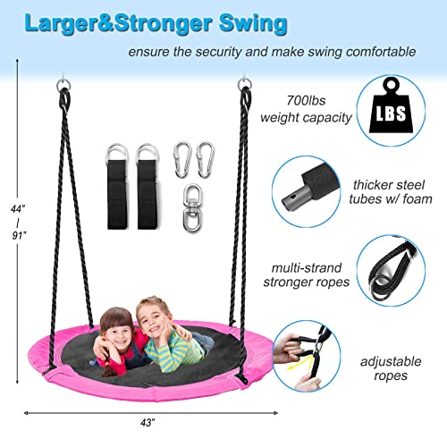 43β 700lbs Saucer Tree Swing,All-Weather Resistant Textilene Swing,360 Degree Spin,w/ 1 Swivel,2 Adjustable Ropes&Long Straps,Easy to Install,Comfortable for Kids Backyard,Playground (Pink)
