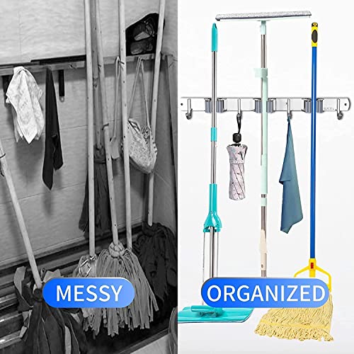 2 Packs Broom and Mop Holder Wall Mounted Garage Organizer Storage Tool Racks Heavy Duty Stainless Steel Mop Holder 4 Hooks 3 Clips, Holds up to 14 Tools for Laundry Room Garden Garage Closet Kitchen