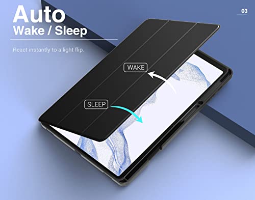 MoKo Case Fits Samsung Galaxy Tab S8 Plus 12.4 Inch 2022 (SM-X800/SM-X806) /S7 FE 2021/S7 Plus 2020, Shockproof Full Body Trifold Stand TPU Back Cover Case with Pen Holder Slot/Auto-Wake, Black
