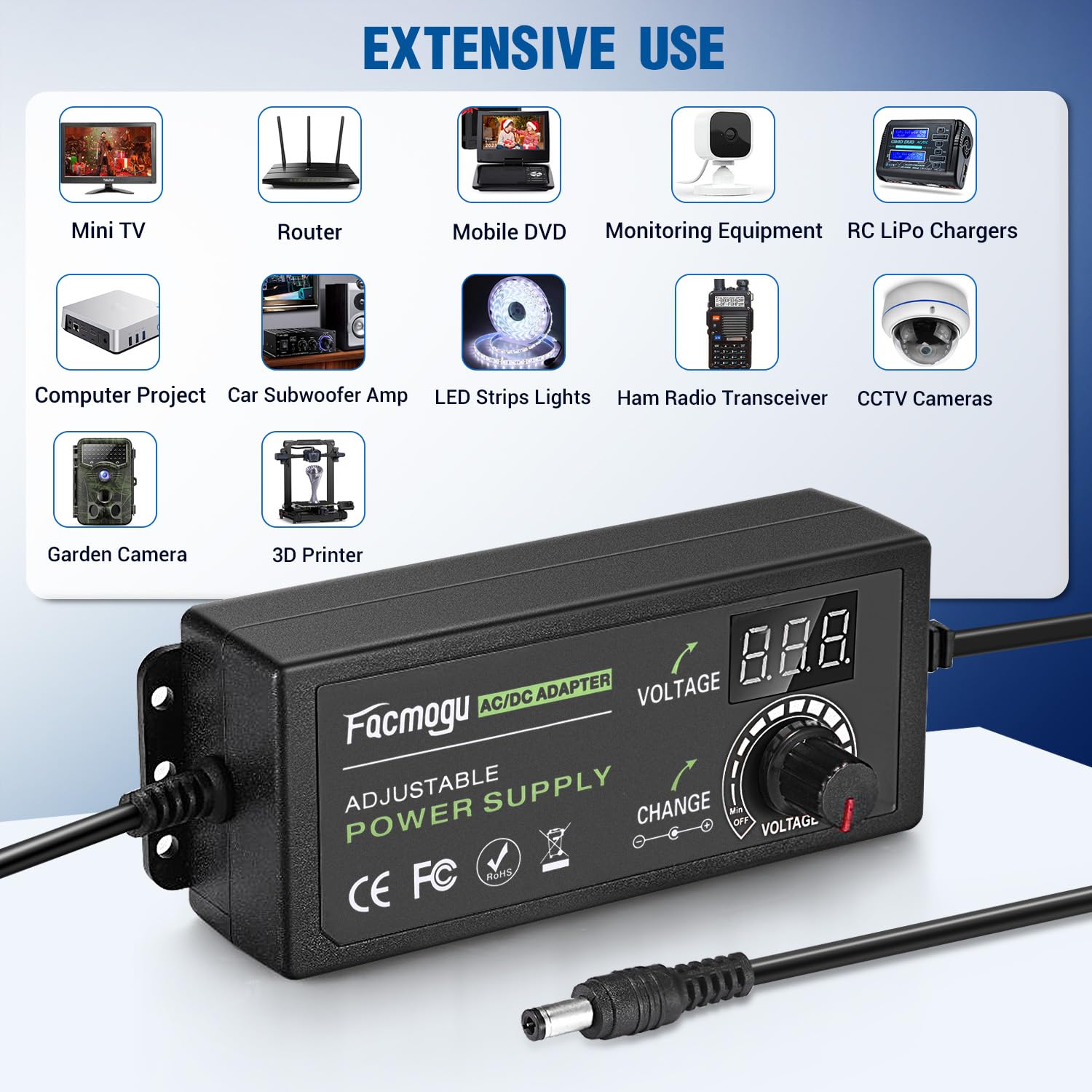 Facmogu 3V-12V 5A 60W Adjustable Power Supply with LED Display, Variable DC 3V 5V 6V 9V 12V Universal AC/DC Adapter, 100V-240V AC to DC 3-12V Switching Power Converter Multi-Voltage Regulated Adaptor