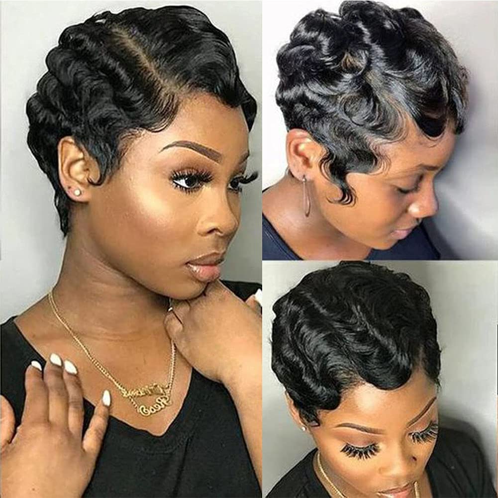YOLANFAIRY Short Pixie Cut Wigs For Black Women Mommy Brazilian Finger Ocean Wave Remy Human Hair Cheap Wig For Party(Black 1B#)
