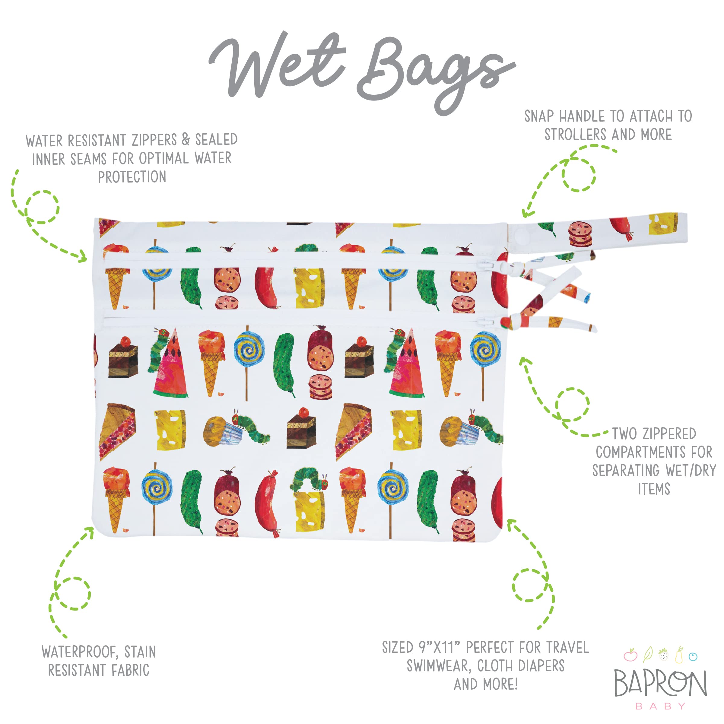 BapronBaby Eric Carle Food Parade Wet Dry Bag - Waterproof Two Zipper Pockets - Reusable for Mealtime, Diapers, Stroller, Snacks, Swimsuits - Machine Washable - 11" x 9"