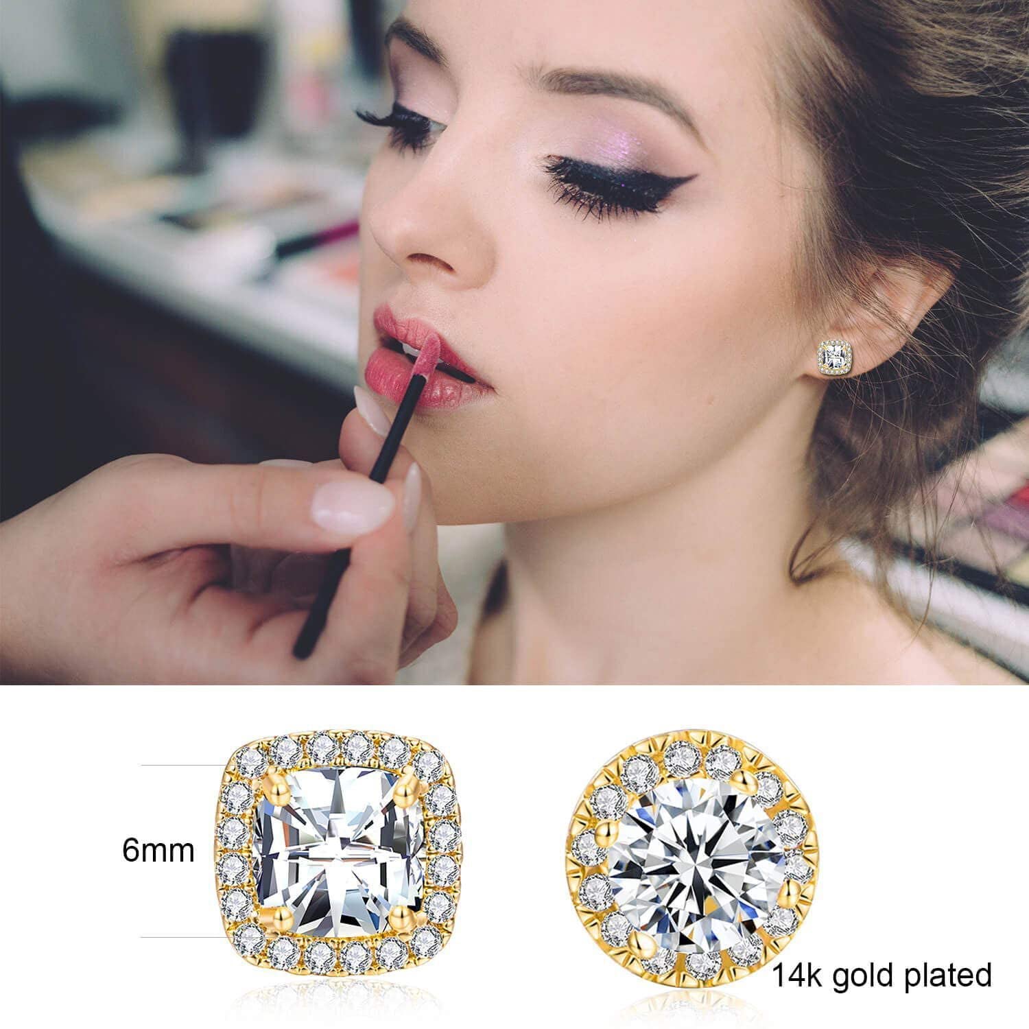 14K Gold Plated Earrings Cubic Zirconia Simulated Diamond Stud Earrings for Women Men