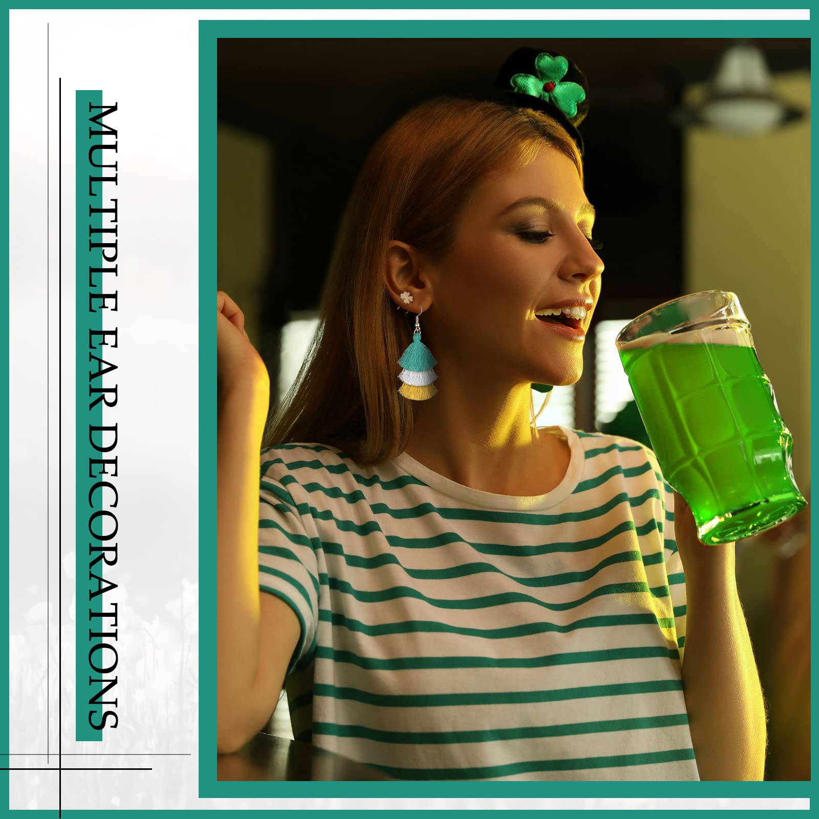 12 Pairs St. Patrick's Day Earrings Include 6 Pair St. Patrick's Day Layered Green Tassel Drop Earrings 6 Pair Irish Four Leaf Clover Shamrock Gold Stud Earring with Clear Earring Back for Women Girl