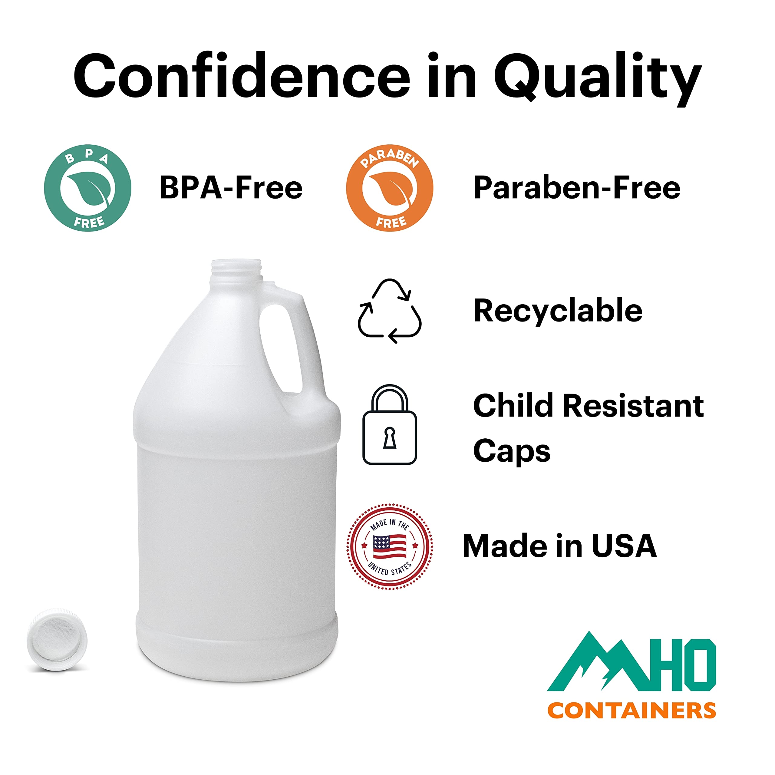 MHO Containers | 1 Gallon HDPE Plastic Jug with Reshipper Box and Child-Resistant Caps | Made in USA β Pack of 4