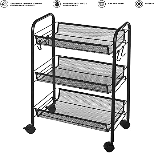 Urban Lifestyle 3 Tier Mesh All Purpose Utility Rolling Storage Cart, Black