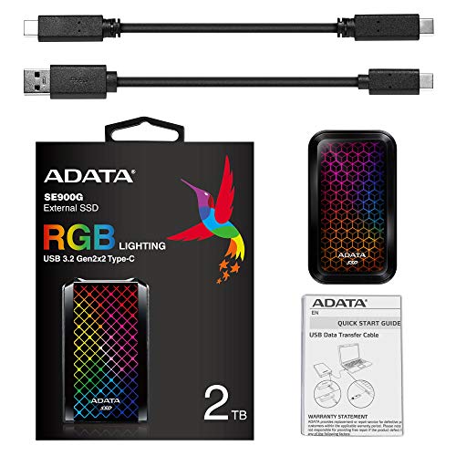 ADATA RGB SE900 2TB USB3.2 Gen2x2 Type-C Super Fast Transfer up to 2000MB/s Gaming and Personal External SSD (ASE900G-2TU32G2-CBK)