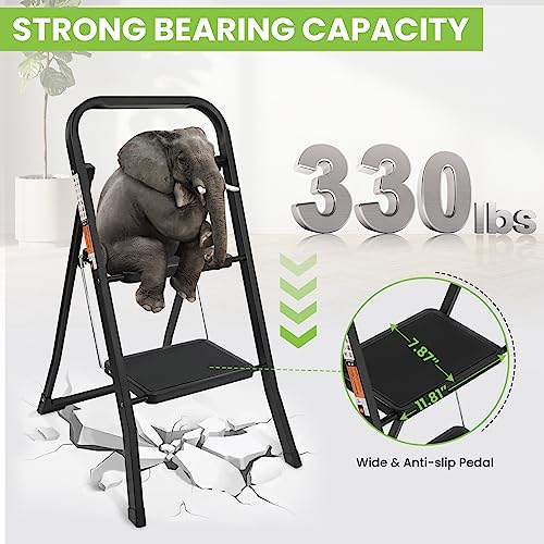2 Step Ladder, SPIEEK Folding Step Stool with Wide Anti-Slip Pedal, 330lbs Capacity Portable Lightweight Ladders for Home Kitchen Outdoor, Black