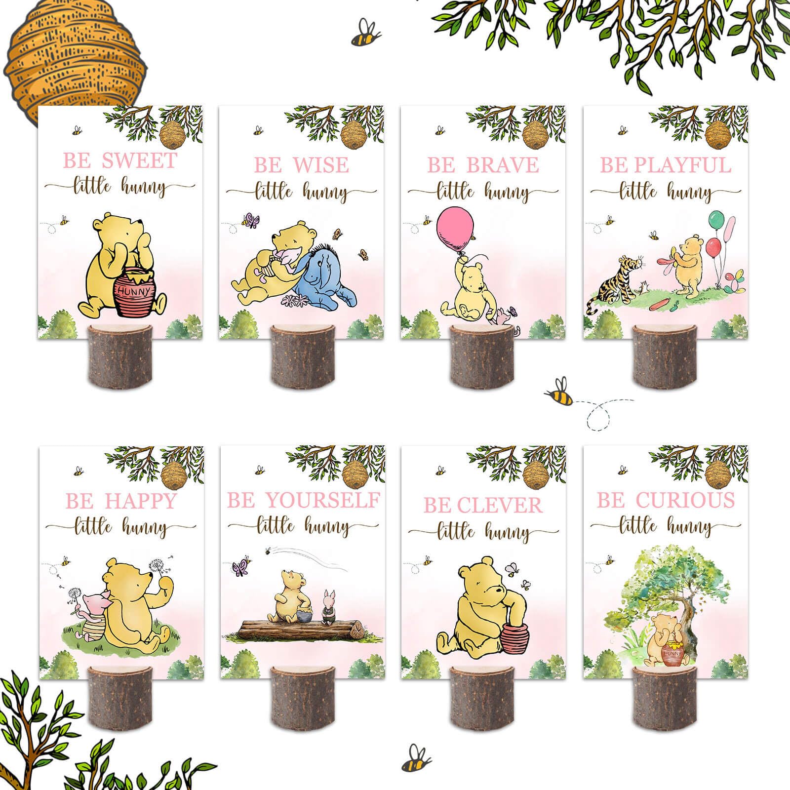 16Pcs Vintage Pooh Bear Baby Shower Centerpieces and Wooden Stands, Pink Classic Bear Party for Table Decorations, Double Side Oh Baby The Pooh Theme Party Supplies Decorations for Baby Girl