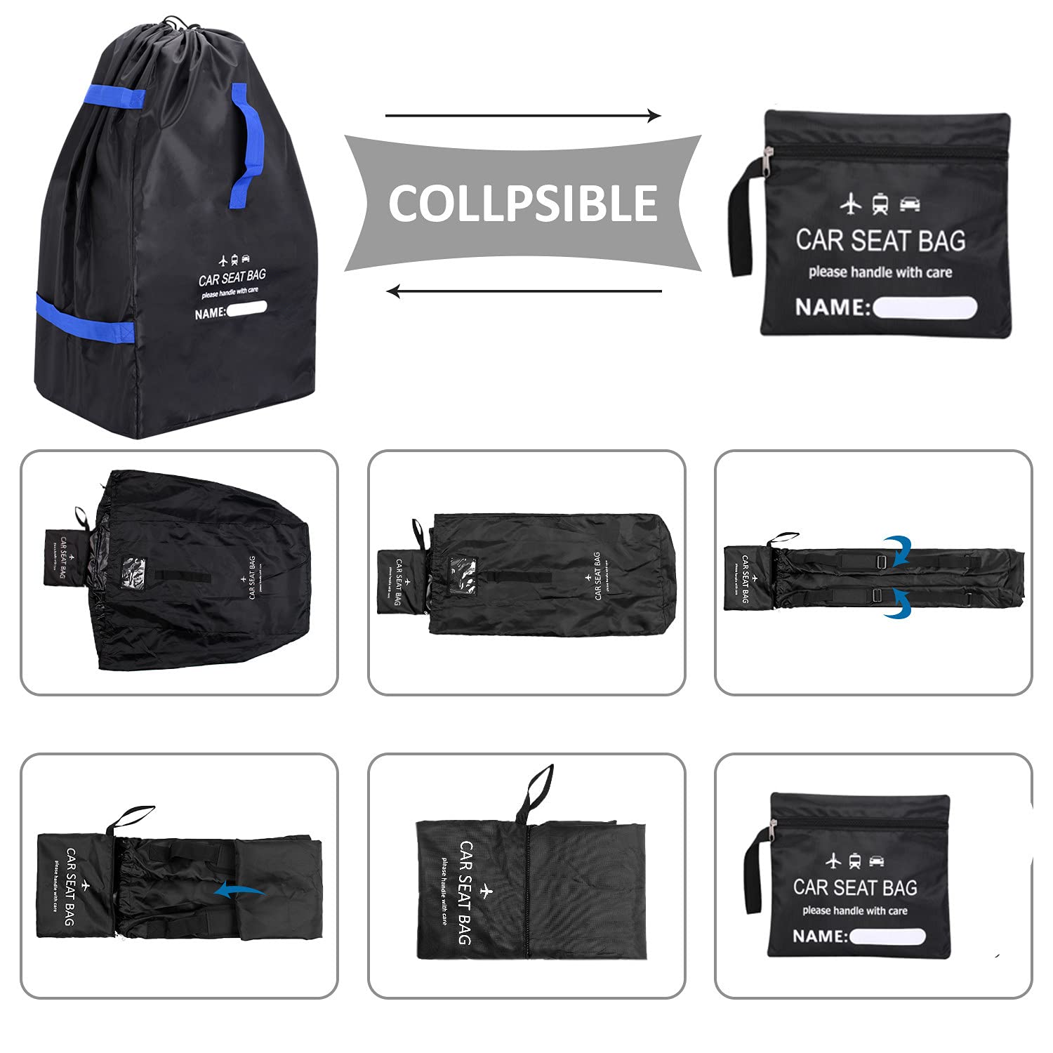 RAIFUJOIE Car Seat Bag Universal Fit Travel Bag Gate Check Bag with Adjustable Contrast Blue Back Straps with Padding Collapsible and Self Organizer Case Pocket
