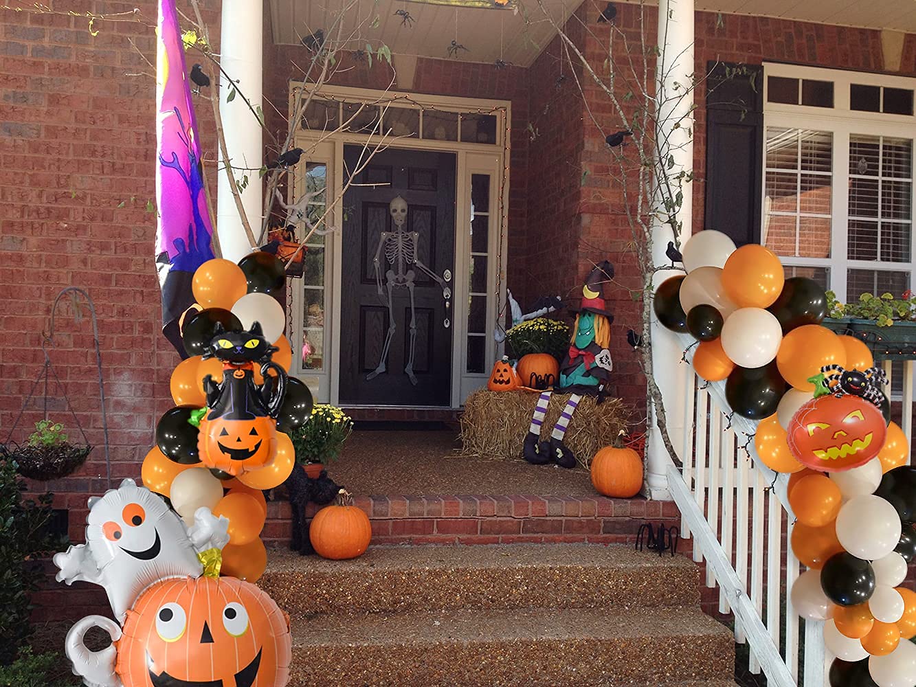 122 Pcs Halloween Balloon Garland Kit, Black Orange White Latex Balloon Garland Arch with Ghost Pumpkin Spider and Black Cat Foil 3D Balloons