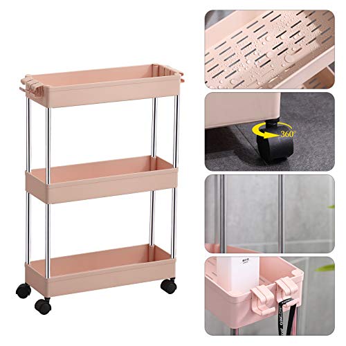 DILUOOU 3 Tier Slim Storage Cart, Mobile Shelving Unit Organizer Slide Out Rolling Storage Racks with Wheels, for Kitchen Bathroom Laundry Room Narrow Places,Pink