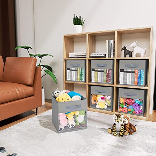 DIMJĀ Cube Storage Bins, 3 Packs Clear Window Fabric Storage Bin Organizer for Closet Shelves Home Storage Cubes Organizer with Handles