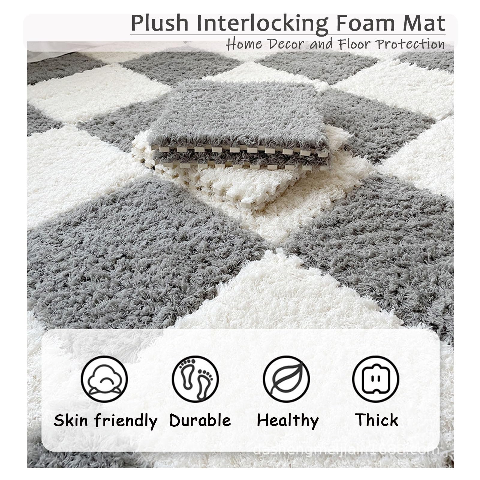 12 Pcs -12 Sq.ft. Non-Slip Shaggy Interlocking Foam Tiles,Plush Puzzle Floor Mat,Area Rugs,Carpet Square,Wear-Resistant Playmat,12x12 Inch(Color:Blue)